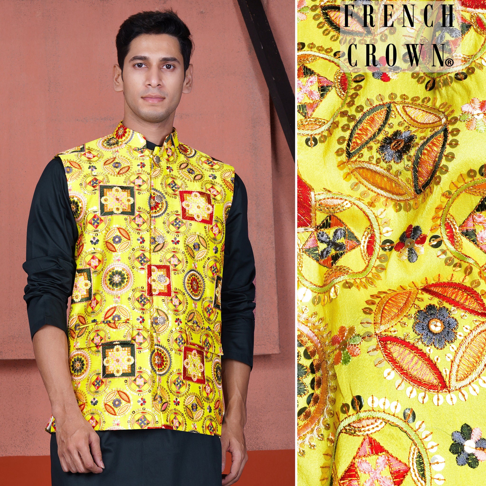 Custard Yellow Multicolour Textured Premium Polyester Designer Nehru ...
