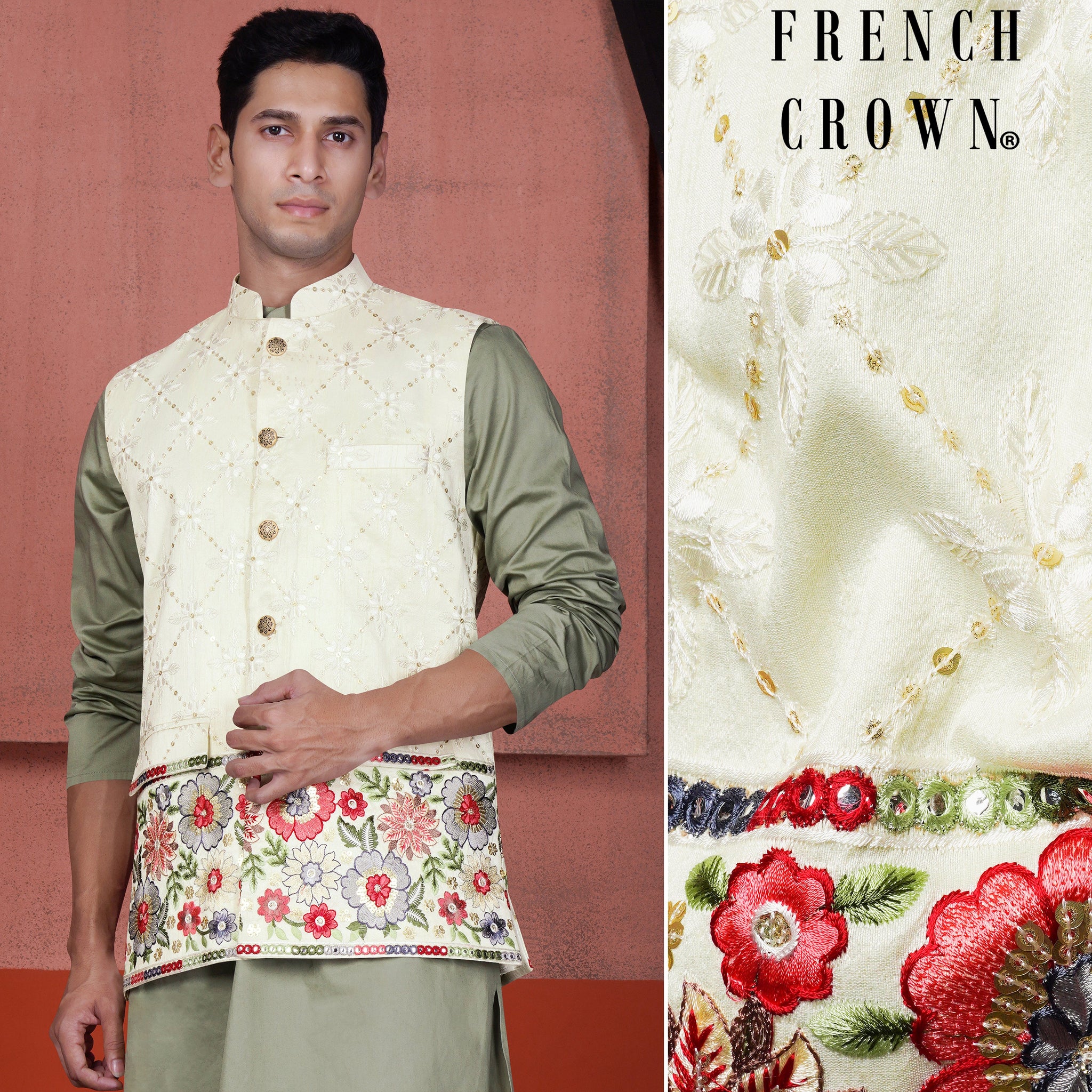 Merino Cream and Terra Pink Textured Premium Polyester Designer Nehru ...