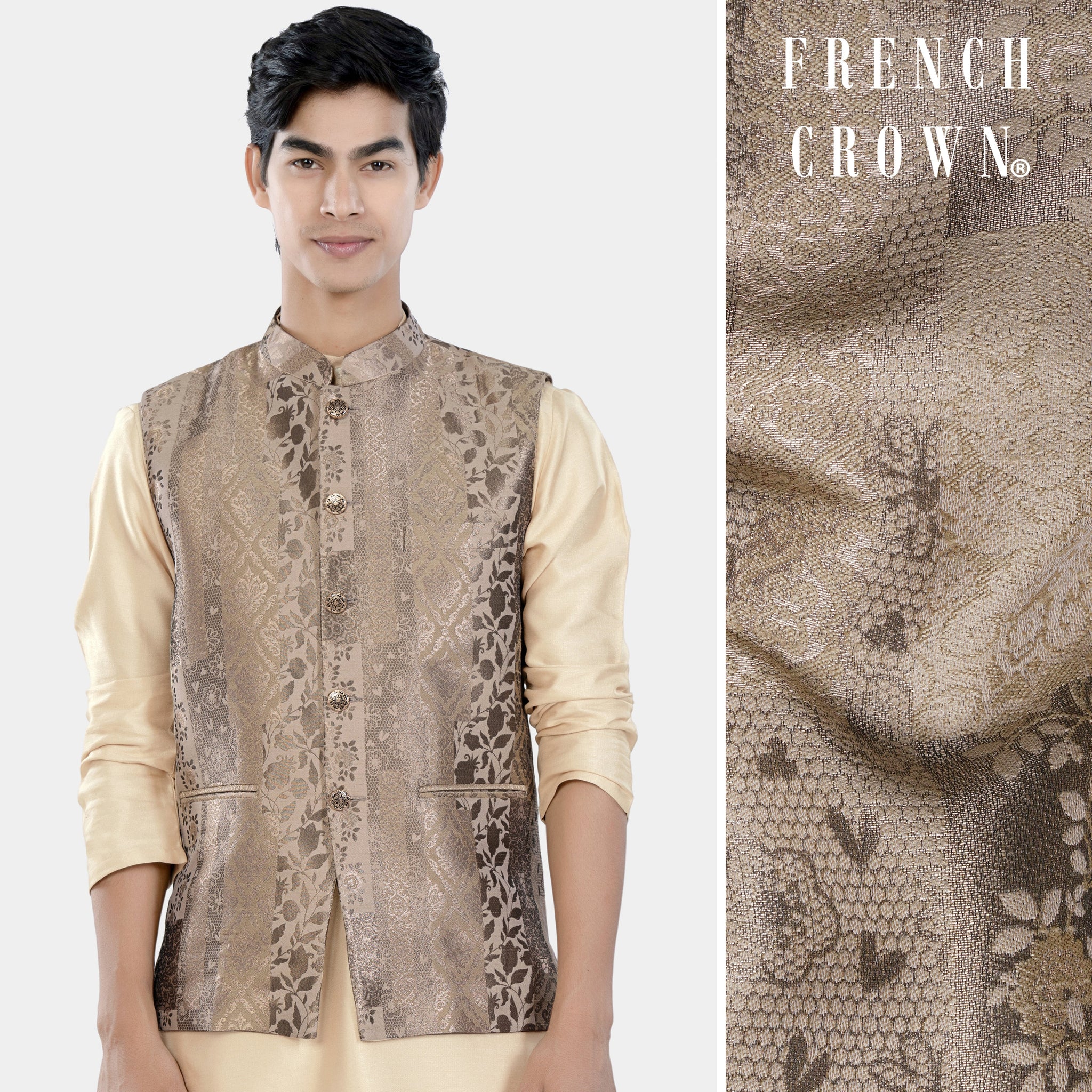 Cashmere and Sandrift Brown Floral Jacquard Textured Premium Polyester ...