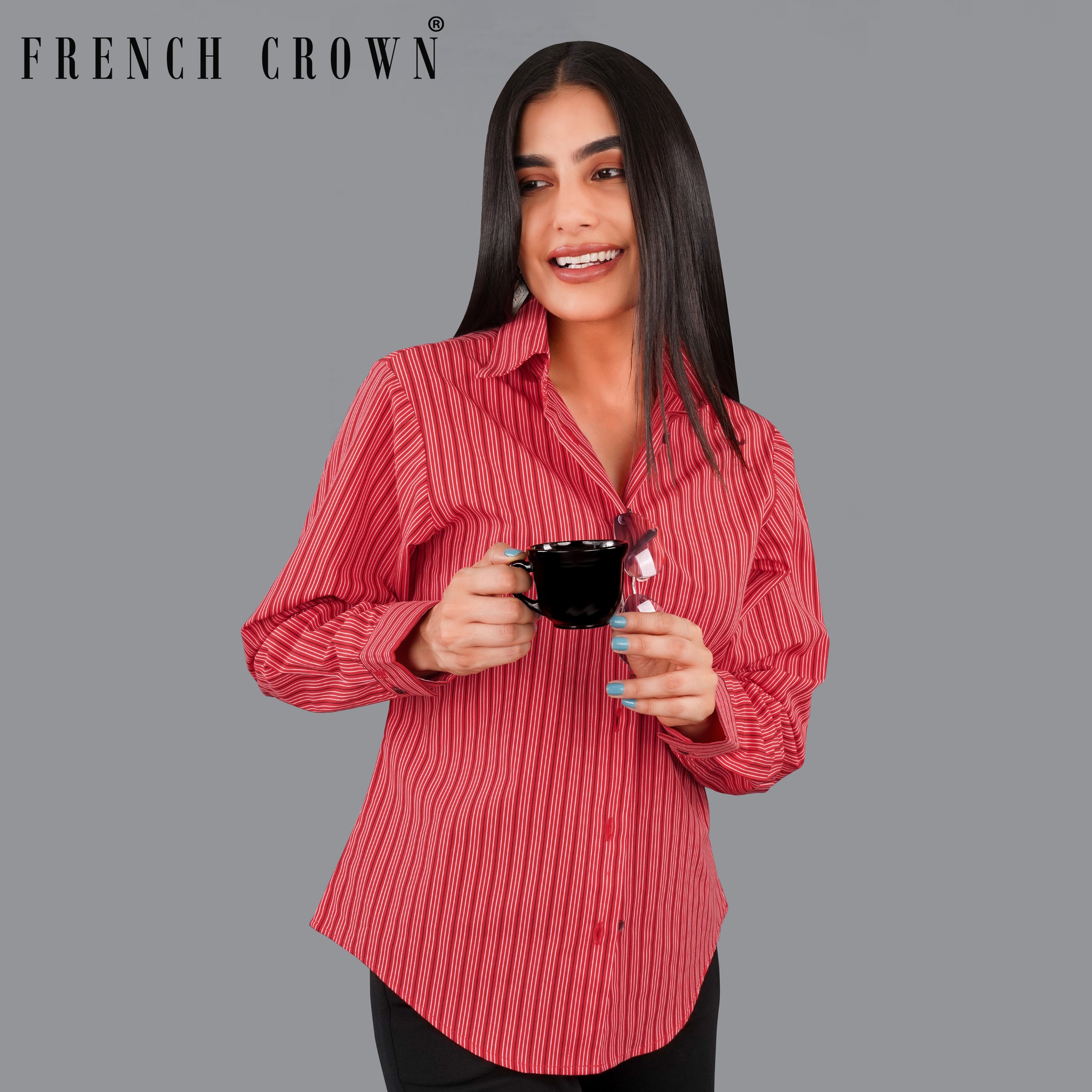 Cerise Red Formal Stripes Premium Cotton Shirt For Women
